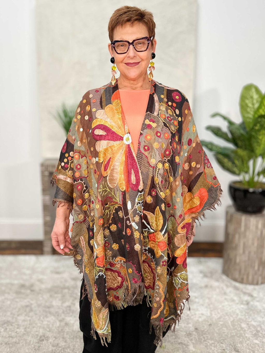 Anu Frida Embroidered Ruana, Brown Multi – Statement Boutique