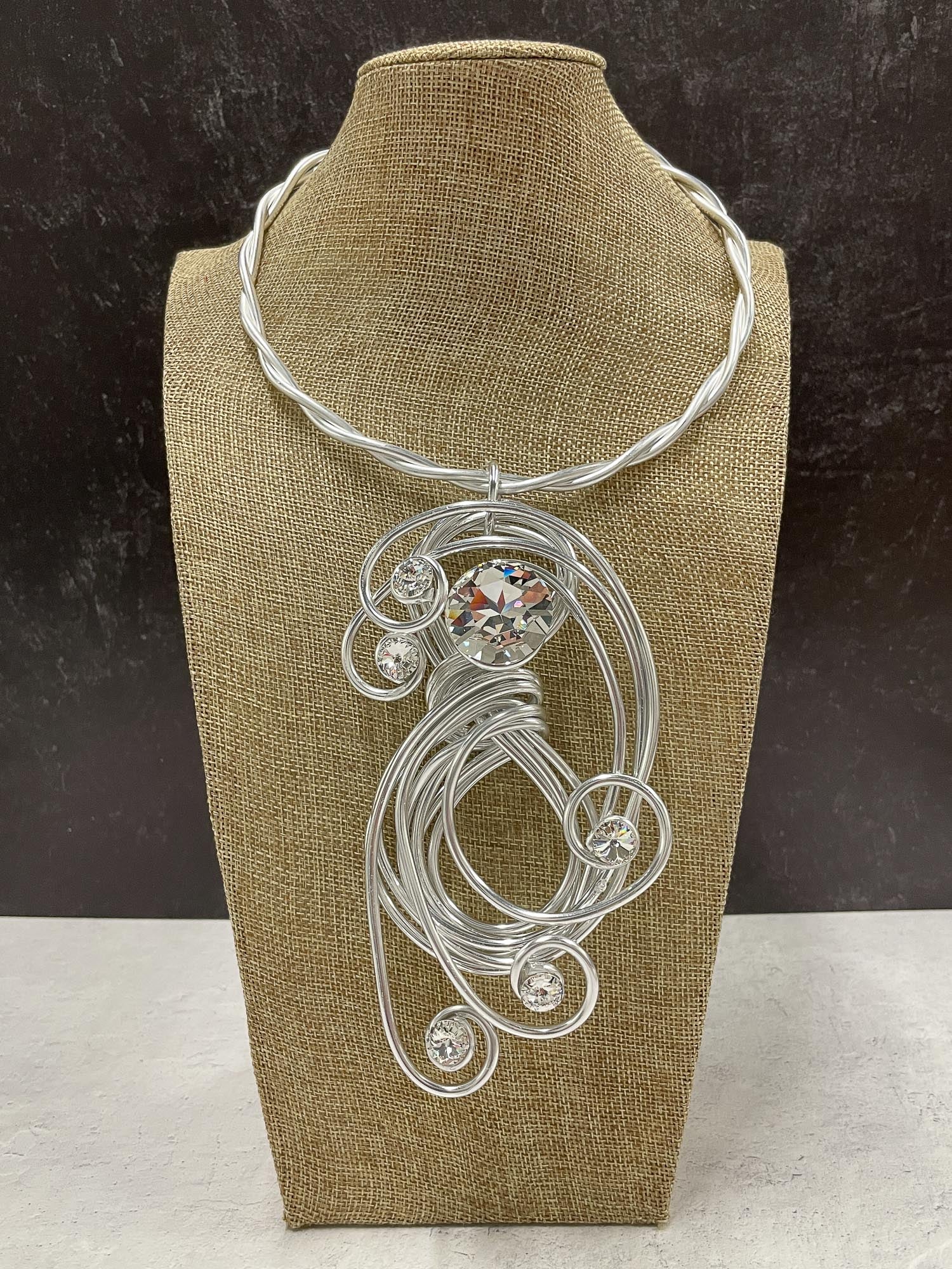 Jeff Lieb Crystal & Wire Fan Design Collar Necklace, Silver